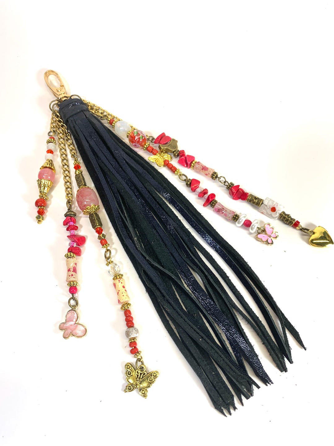 BLACK Metallic Leather & Gold Locket, Butterflies, Pink Beads Tassel ...