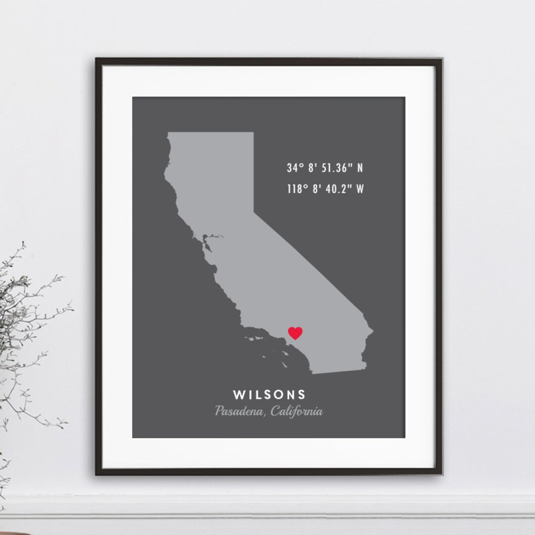 Personalized Coordinates Gift, California Map, GPS Coordinates ...