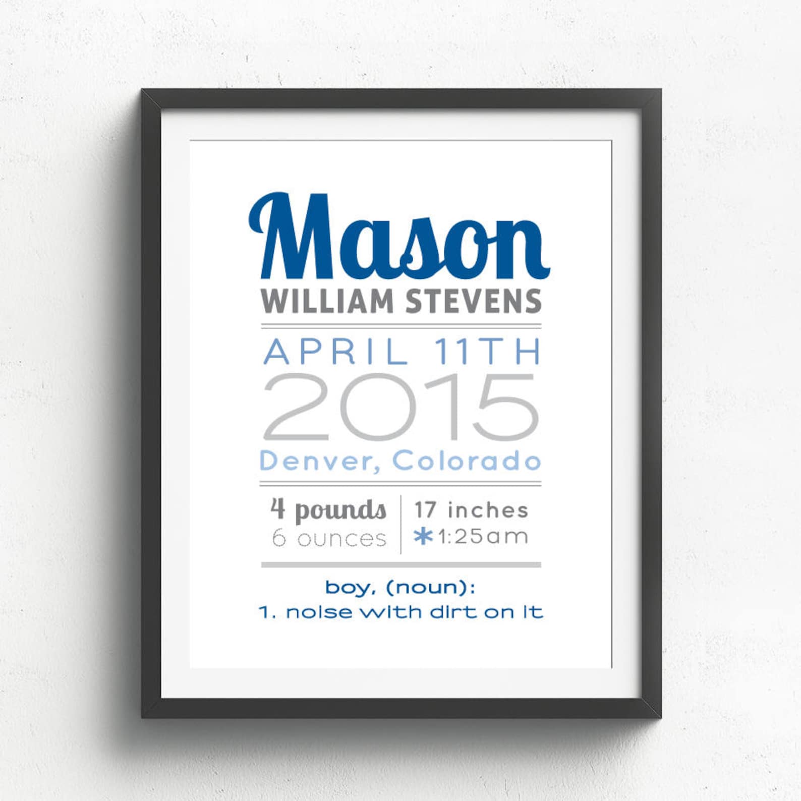 Birth Announcement Wall Art, Boy Noun Noise With Dirt, Boy Definition ...