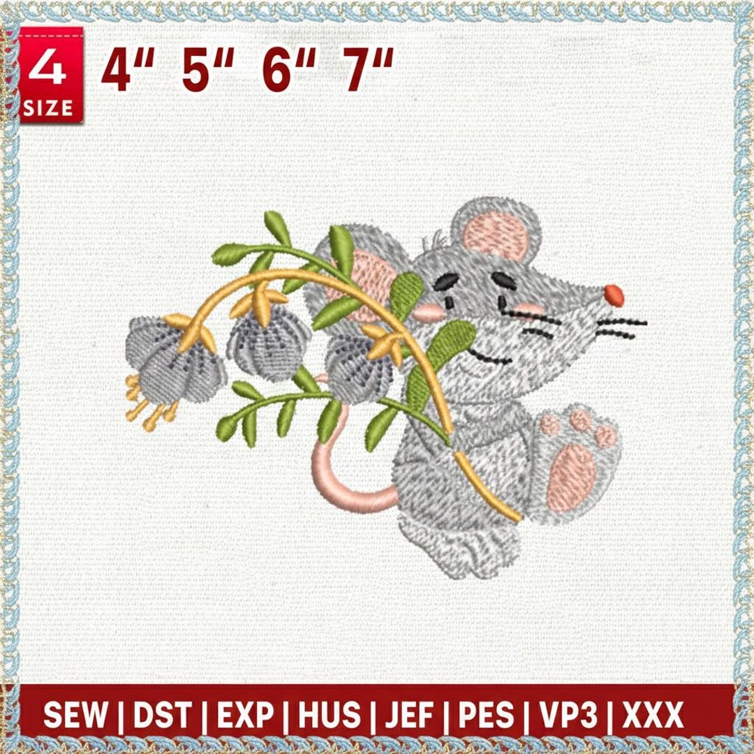 Mouse Embroidery Design, Cute Rat Holding Flowers Digital File, Animal ...