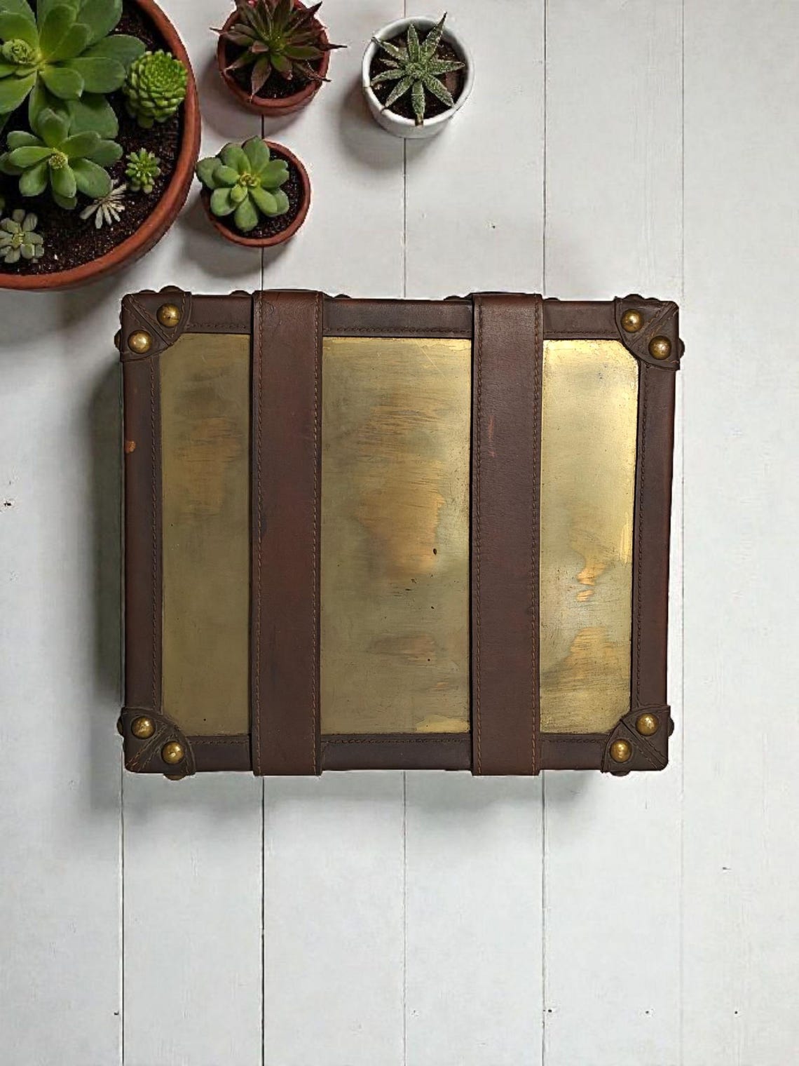 Vintage Style Leather Trunk Storage Box Antique Brass Decor Chest ...