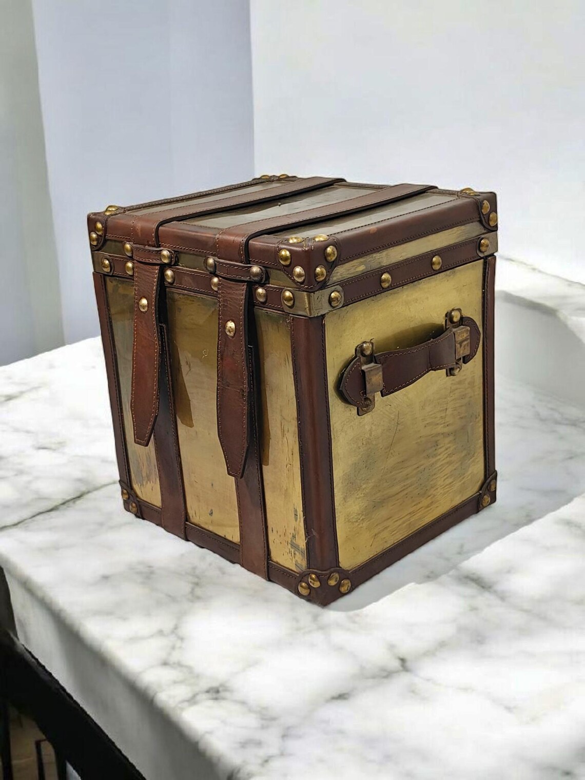 Vintage Style Leather Trunk Storage Box Antique Brass Decor Chest ...