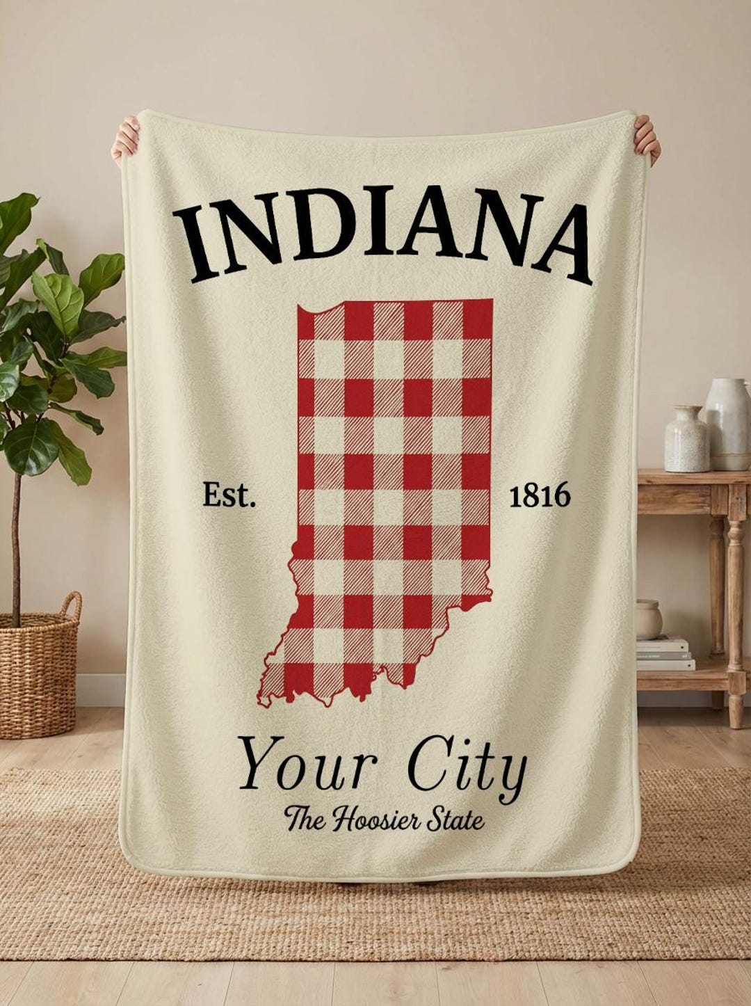 Custom Indiana City Blanket, Personalized Indiana State Throw, Gingham ...