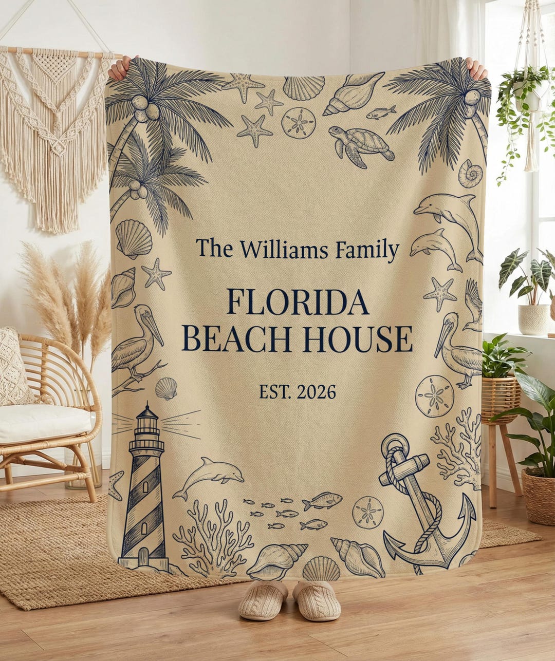 Custom Florida Beach House Blanket, Personalized Family Name Throw ...