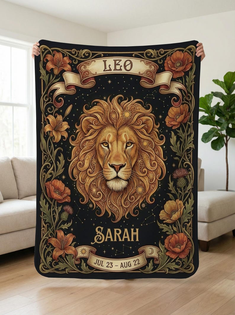 Custom Leo Zodiac Blanket, Art Nouveau Lion Sherpa Throw, Personalized ...