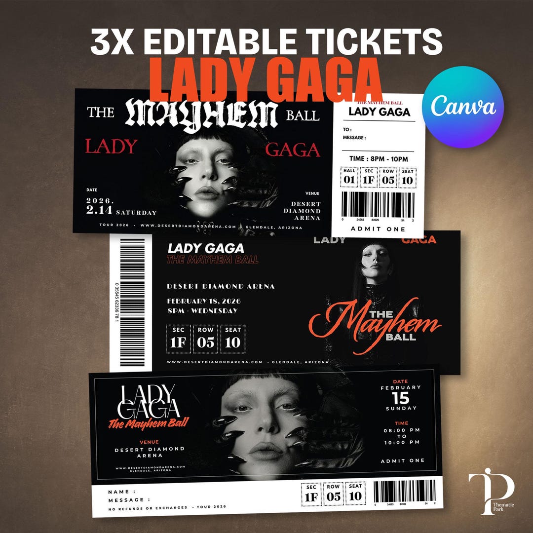 Lady Gaga Mayhem Ball Concert Ticket Template | Editable Surprise ...