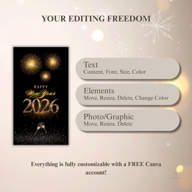 New Year 2026 Card Template Editable Canva | Printable Happy New Year ...
