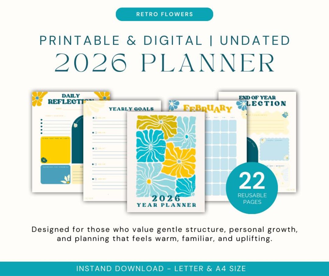 Retro Flowers | 2026 Undated Printable & Digital Planner | Floral ...