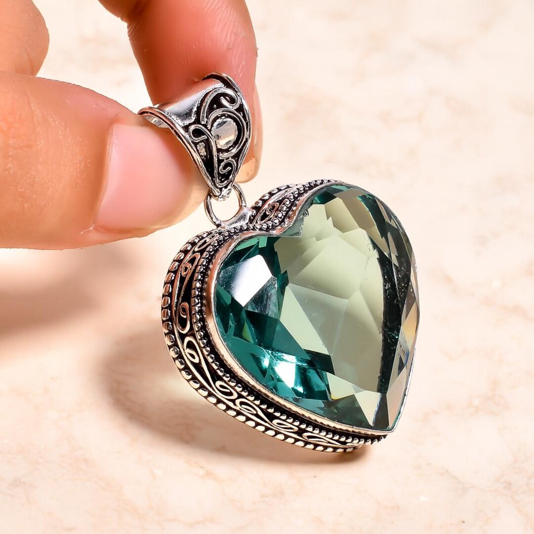 Vintage Green Crystal Heart Pendant • Antique Silver Filigree Necklace ...