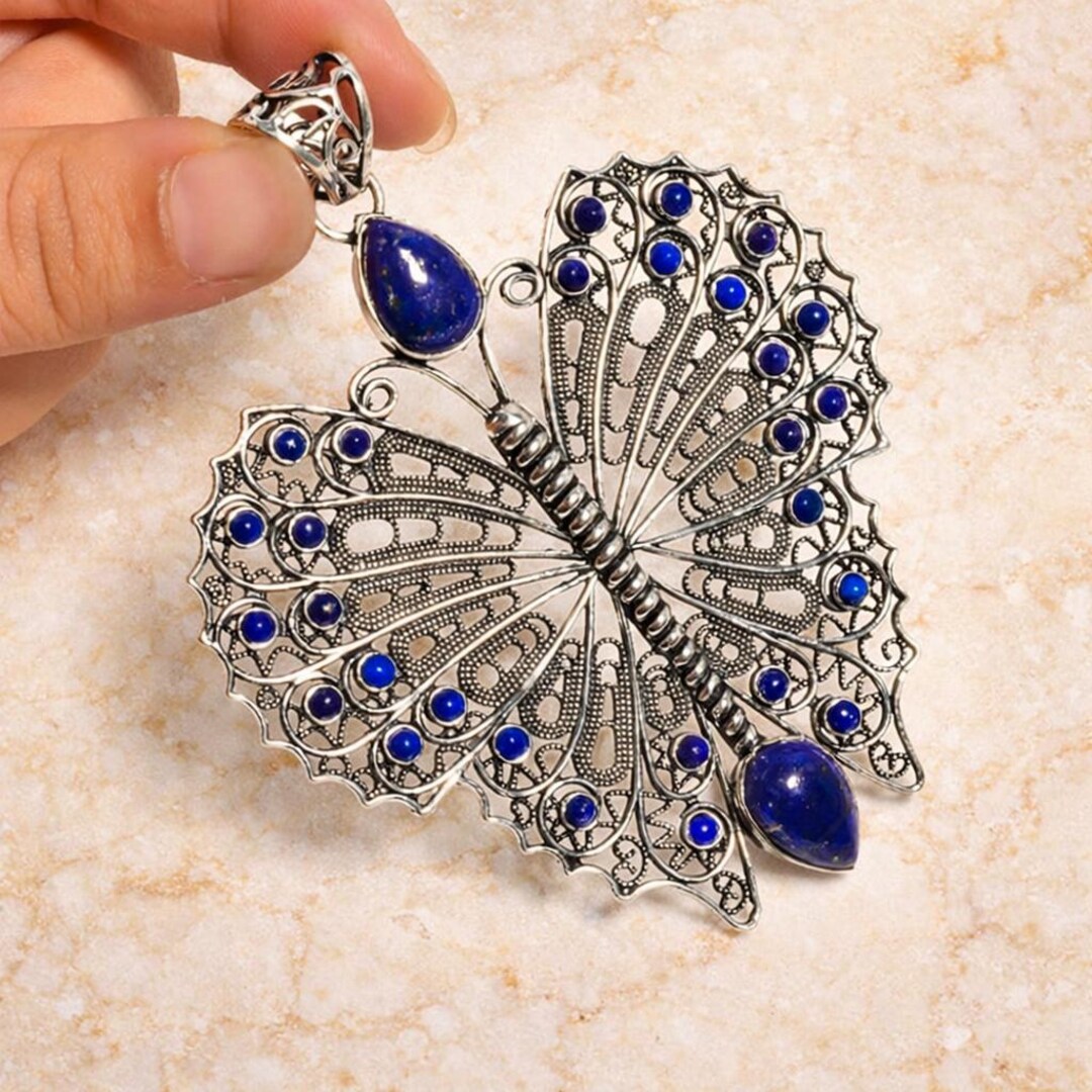 Lapis Lazuli Butterfly Necklace, Silver Butterfly Pendant, Boho ...