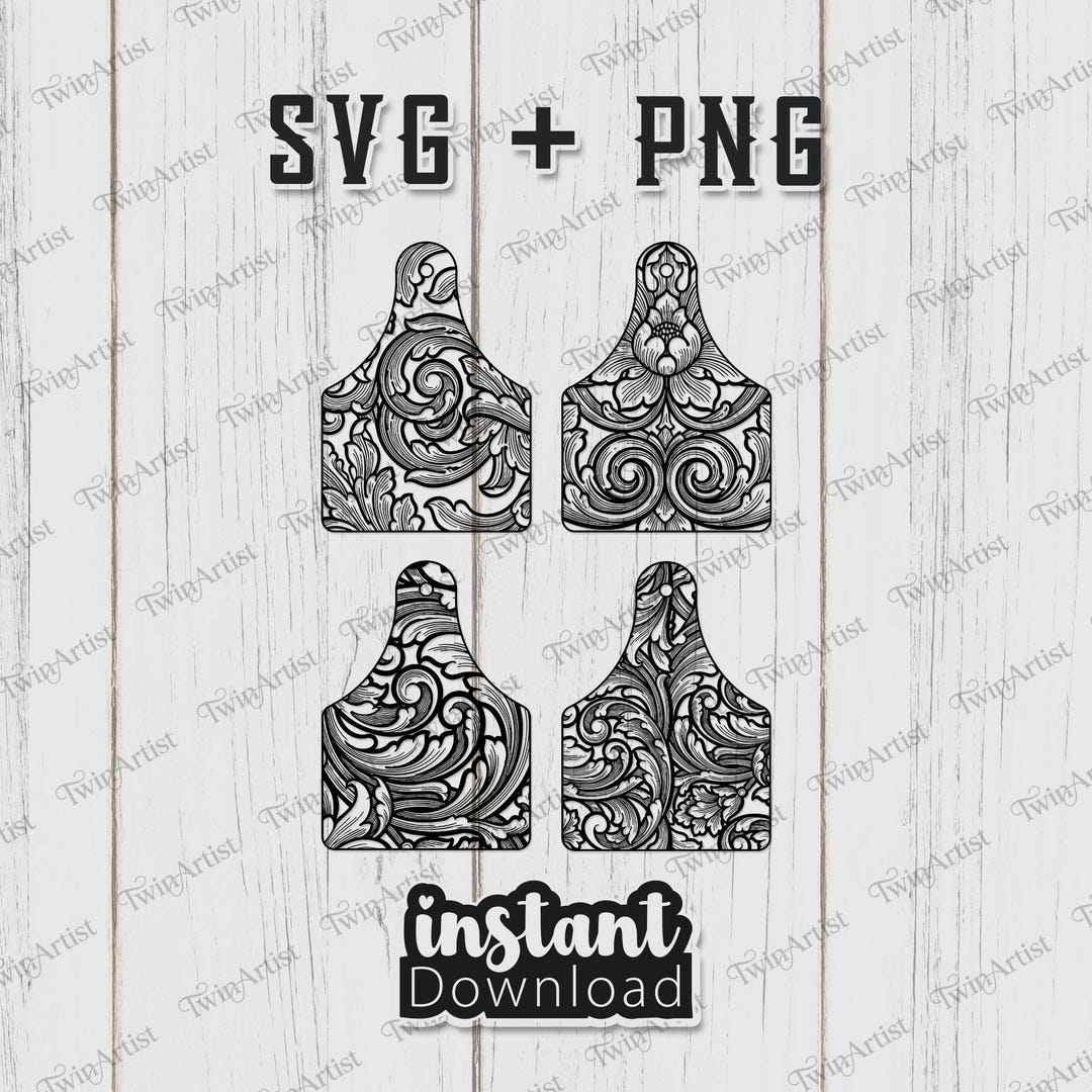 Ornamental Floral Cattle Ear Tag SVG Bundle Cow Tag PNG Leather Laser ...