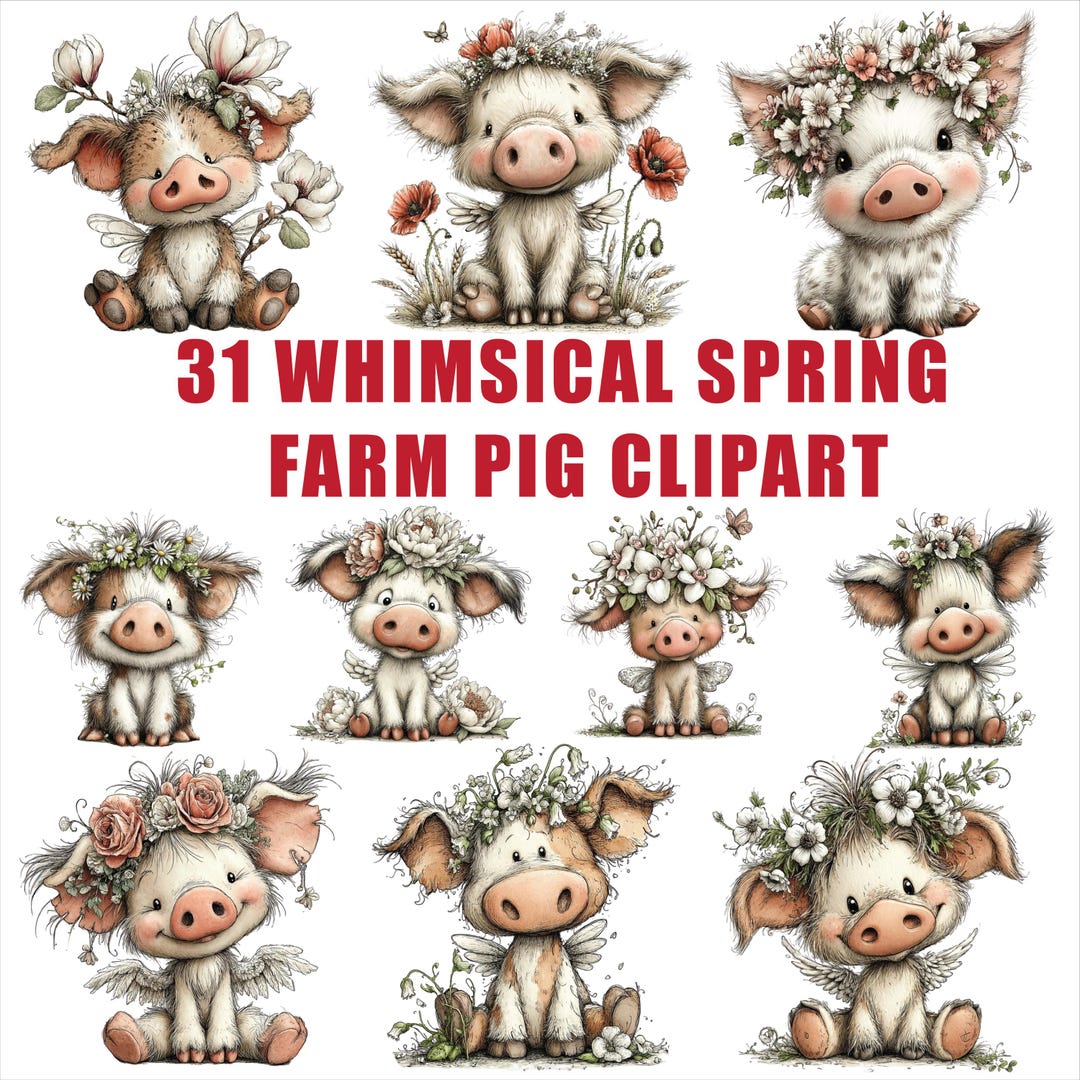 31 Whimsical Spring Pig Clipart Bundle, Cute Farm Pig PNG, Floral Pig ...