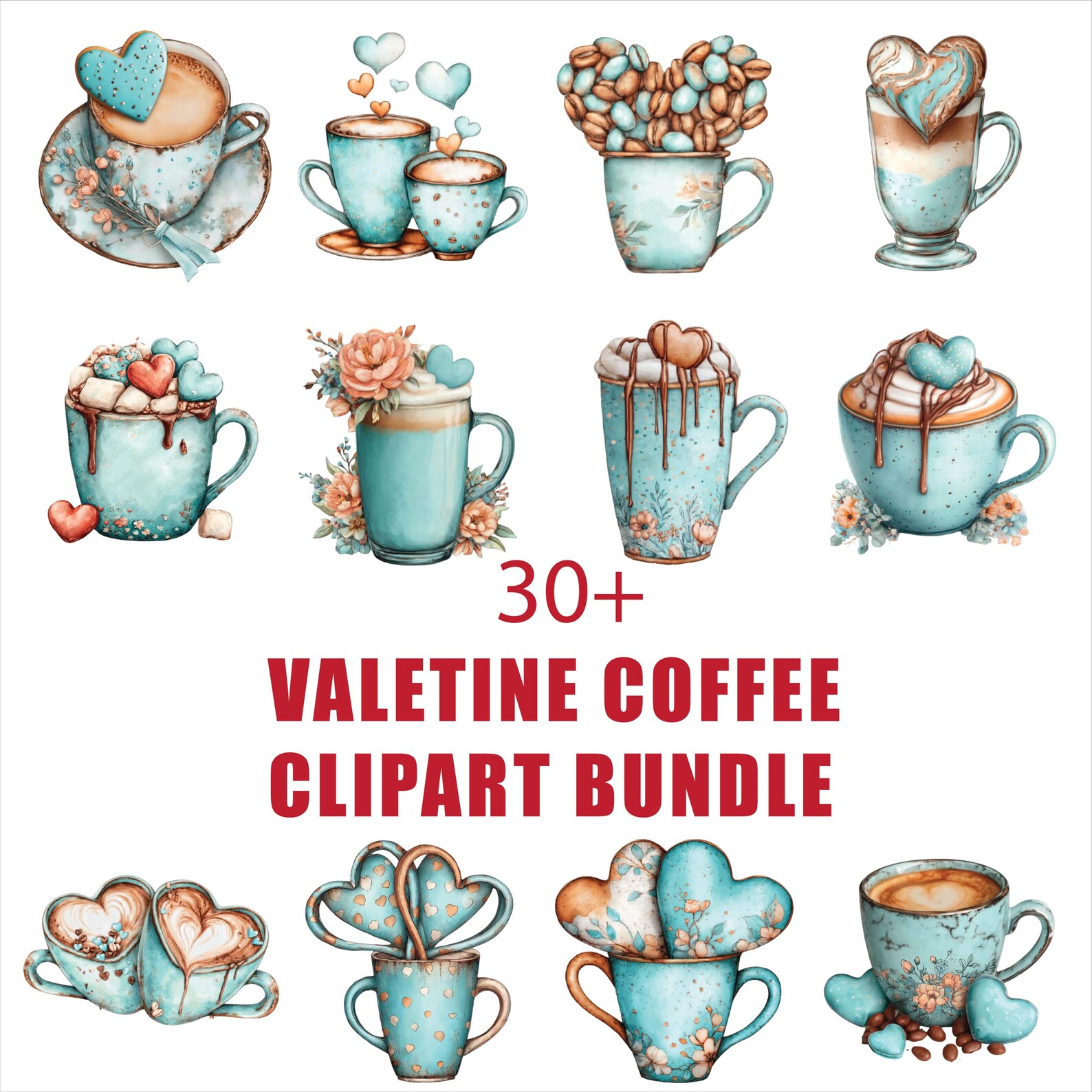 Valentine Coffee Clipart Bundle 30+ | Cute Heart Mug PNG | Romantic ...