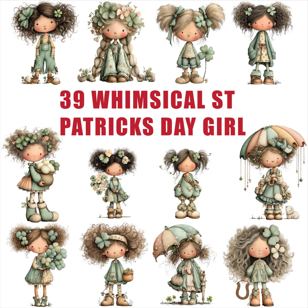 St Patricks Day Girl Clipart Bundle, Whimsical Watercolor PNG (digital ...