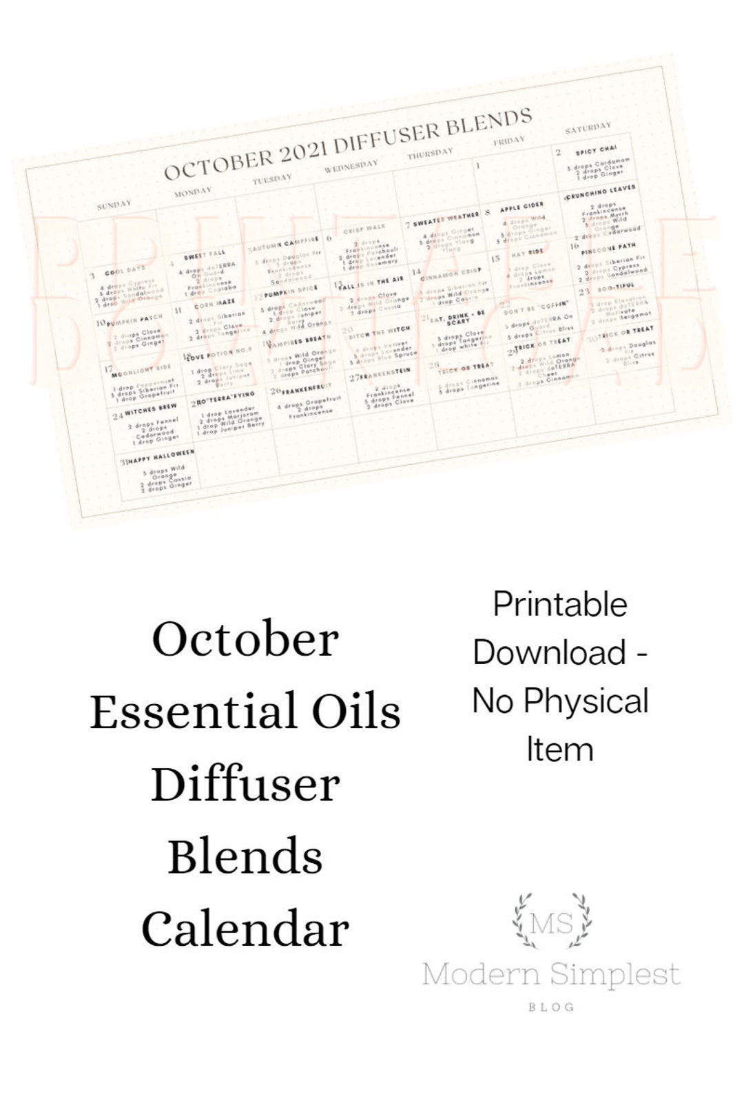 October Diffuser Blend Calendar Printable and Downloadable - Etsy