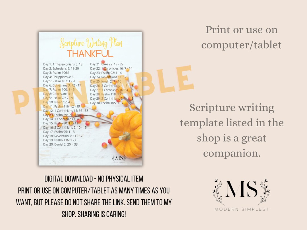 November 30 Day Downloadable Scripture Writing Plan - Thankful ...