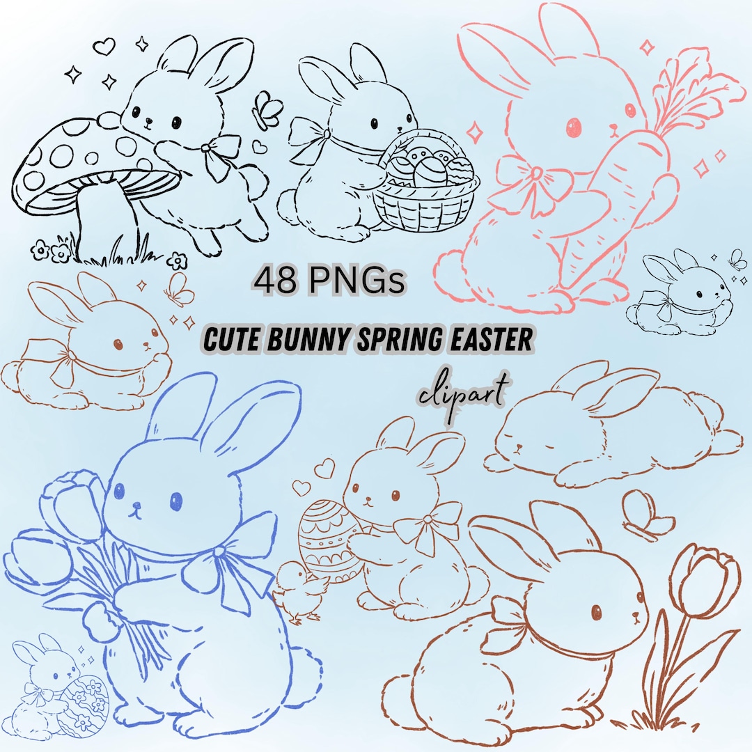 Cute Bunny Easter Clipart Bundle, 48 PNG Spring Bunny Clipart, Kawaii ...