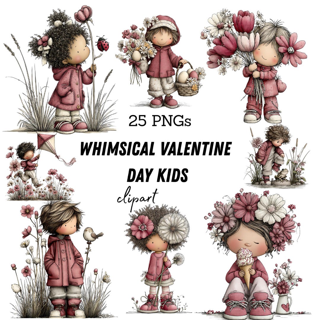 Whimsical Valentine’s Day Kids Clipart Bundle – Cute Floral Children ...