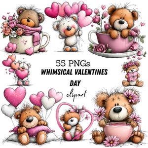 Valentines Teddy Bear Clipart Bundle, Watercolor Love Graphics, Quirky ...