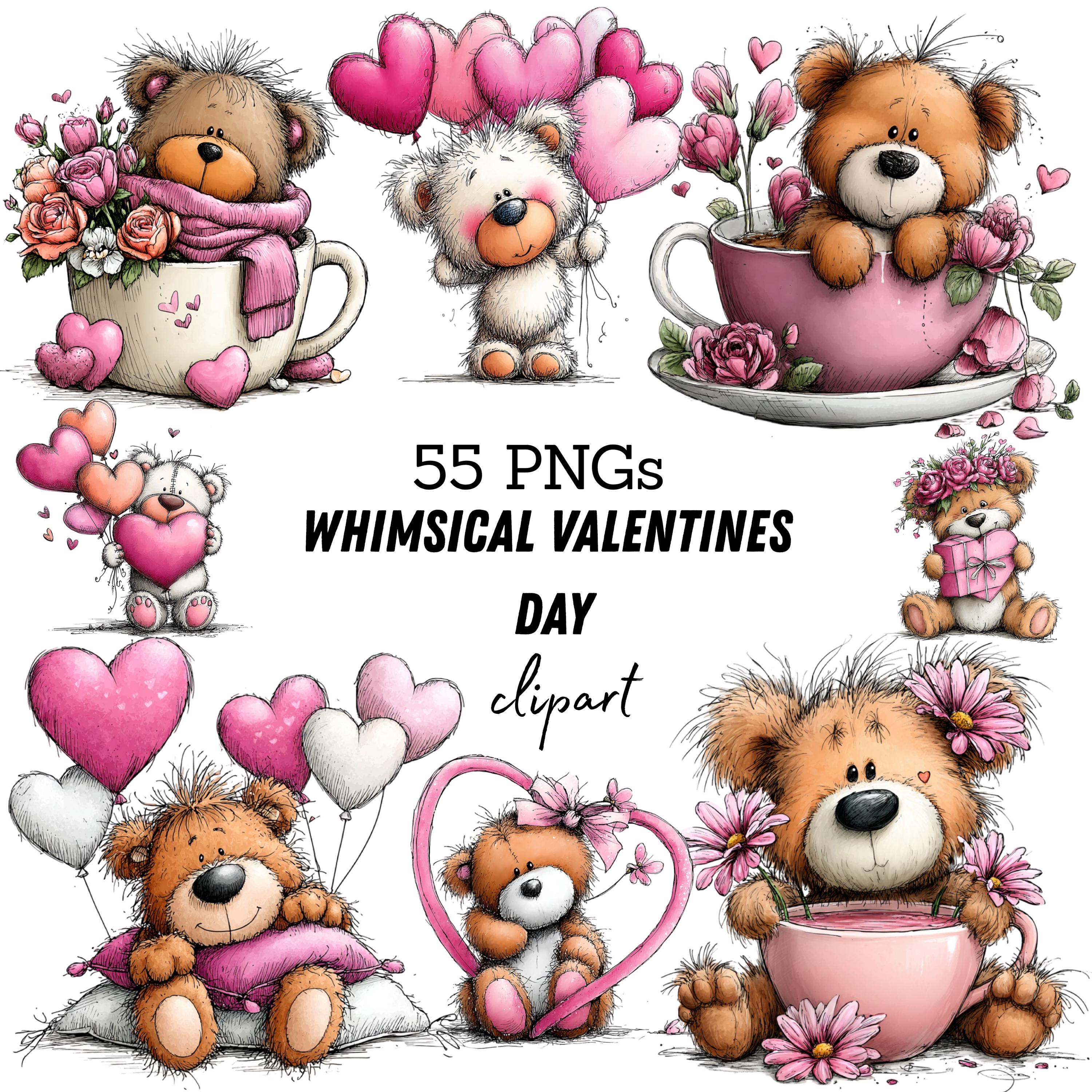 Valentines Teddy Bear Clipart Bundle, Watercolor Love Graphics, Quirky ...