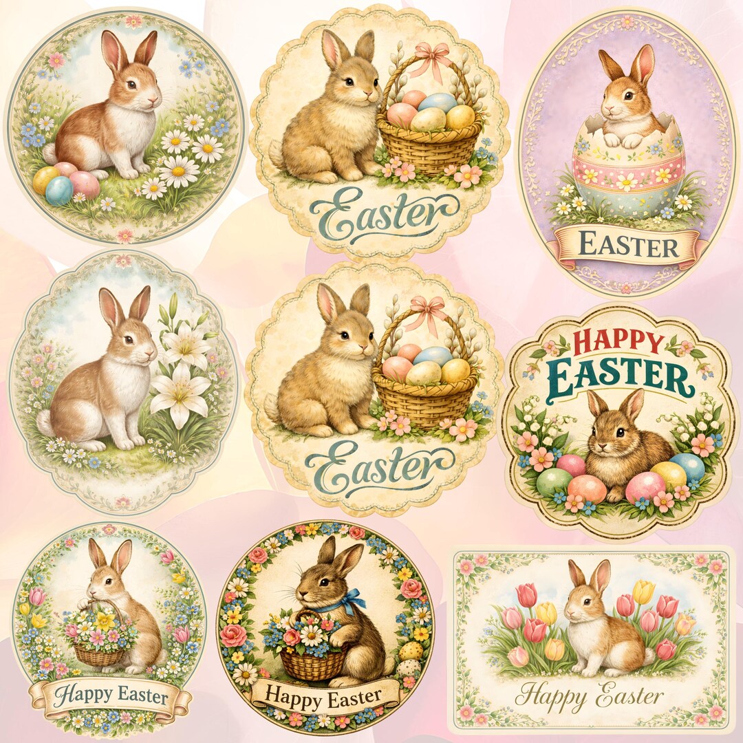 16 Vintage Easter Bunny Clipart PNG Bundle, Cute Rabbit Easter Eggs ...