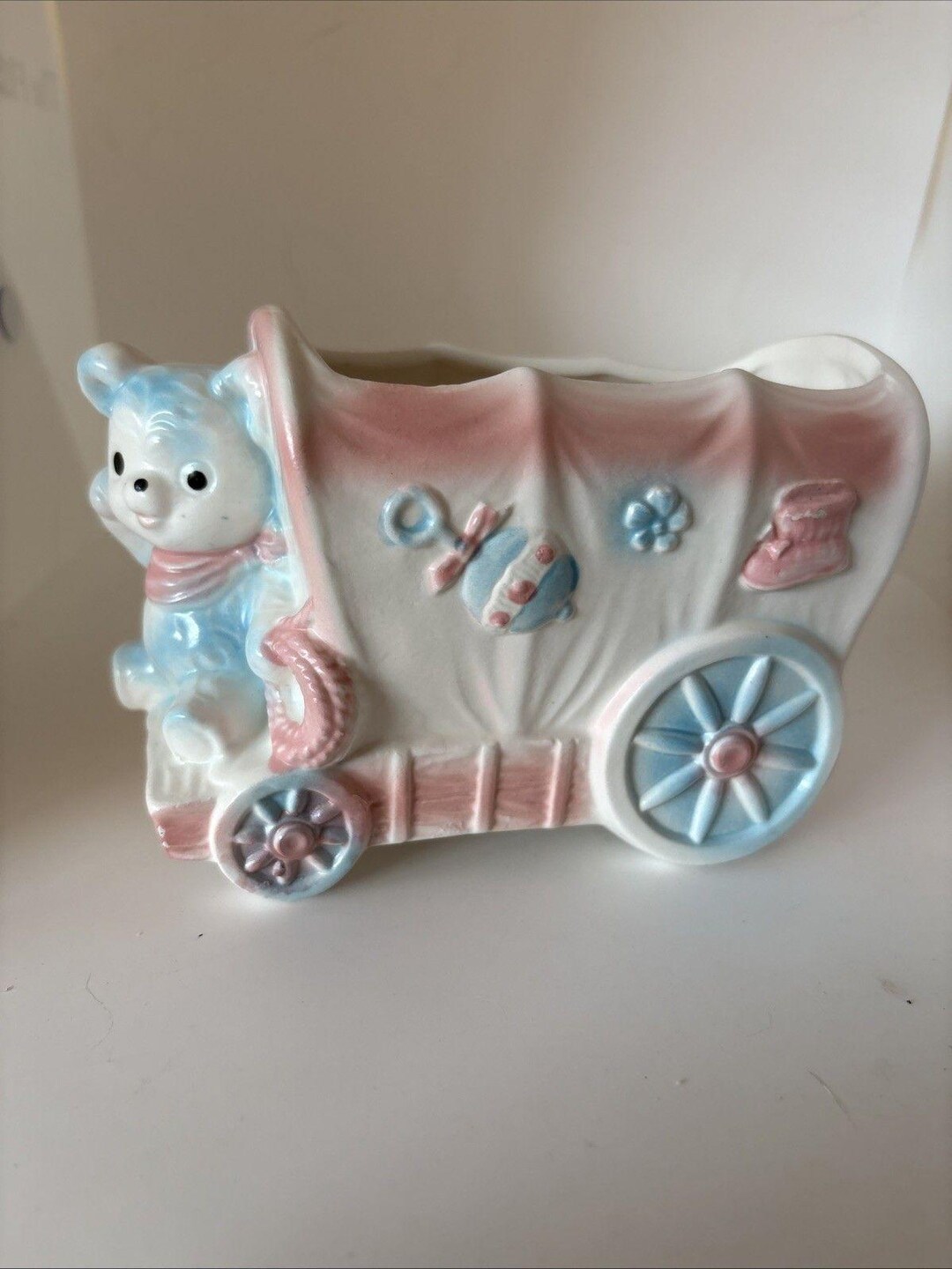 VTG 1950's Ceramic Planter Baby Decor Teddy on Wagon Train Nursery ...