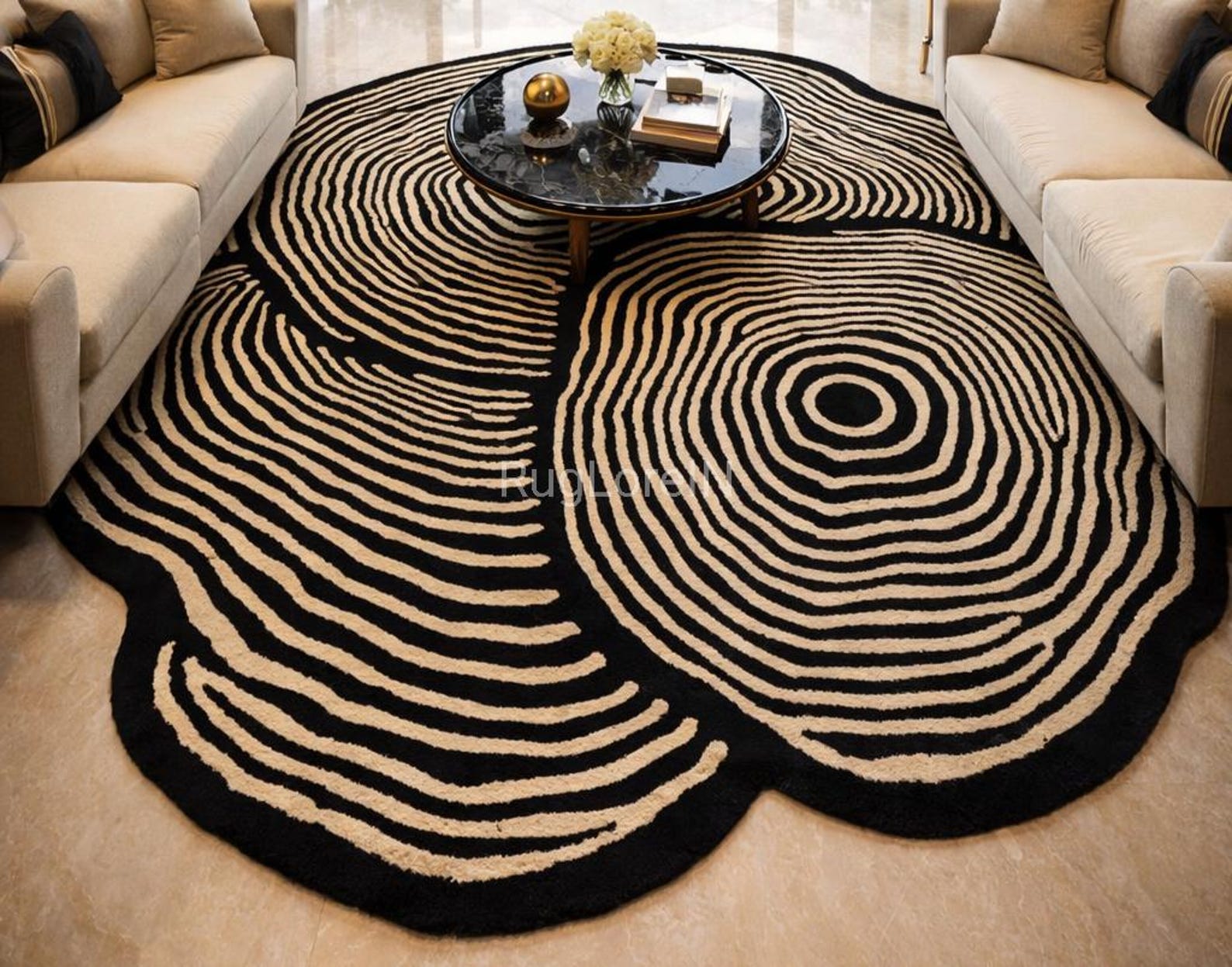 8×10ft Large Irregular Hand Tufted Rug - Black and Cream Organic ...