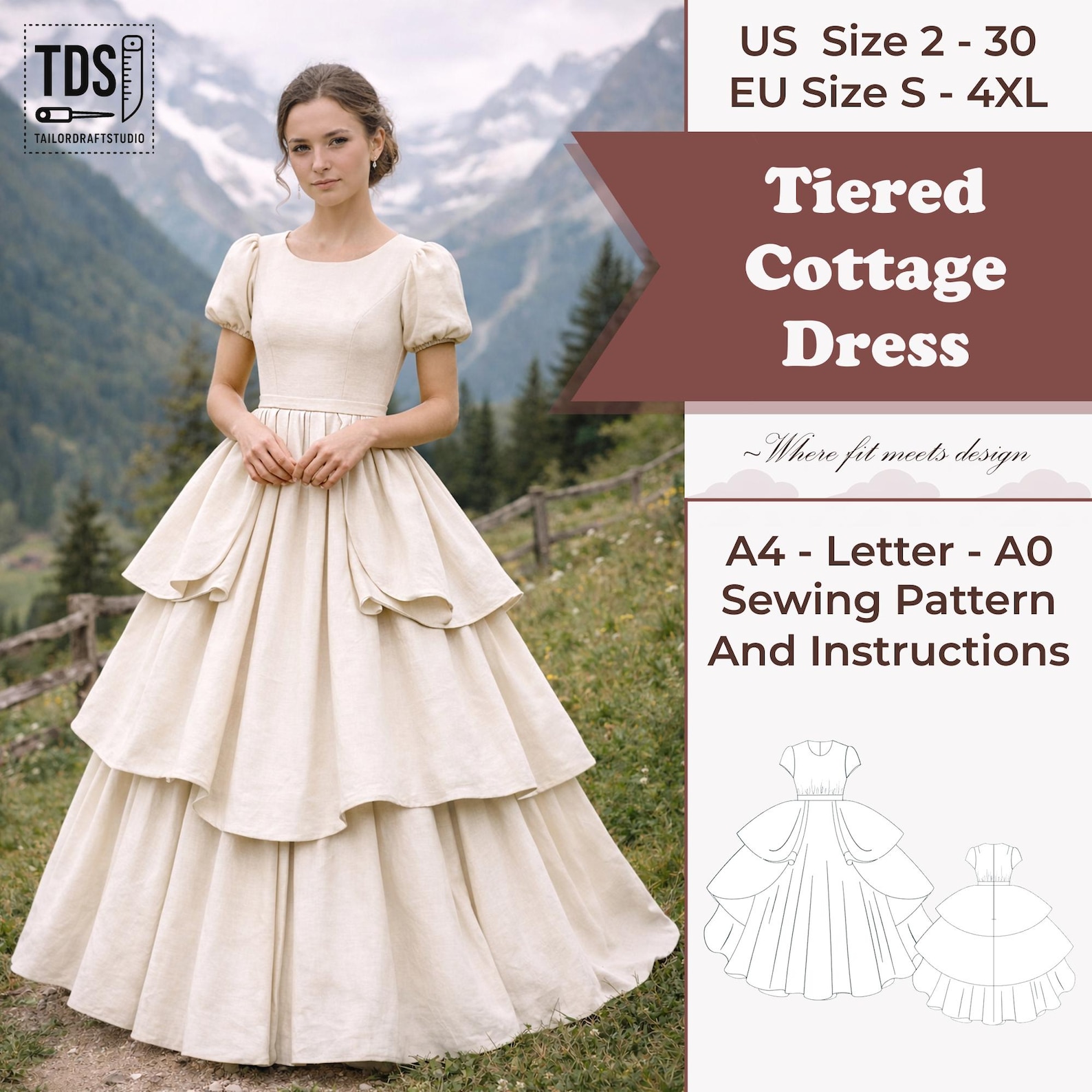 Tiered Cottage Dress Cottagecore Sewing Pattern - Etsy