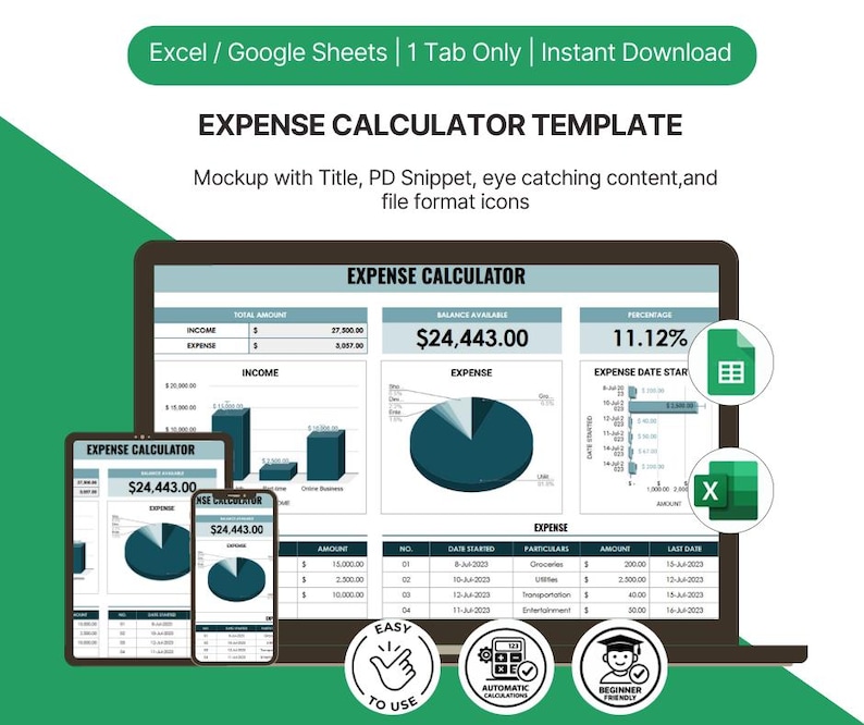 Expense Calculator Template | Excel & Google Sheets | Monthly Expense ...