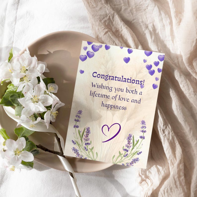 Printable 5x7 Wedding Congratulations Card – Lavender Floral Design - Etsy