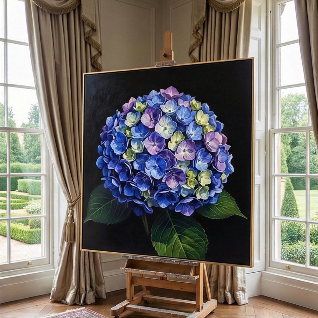 Midcentury Modern Hydrangea Oil Painting,deep Blue&purple Bouquet on ...