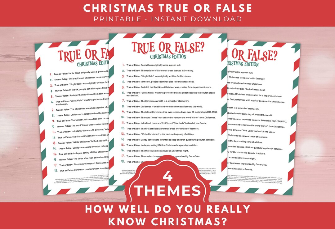 Printable Christmas True or False Game, Family Dinner Holiday Trivia ...