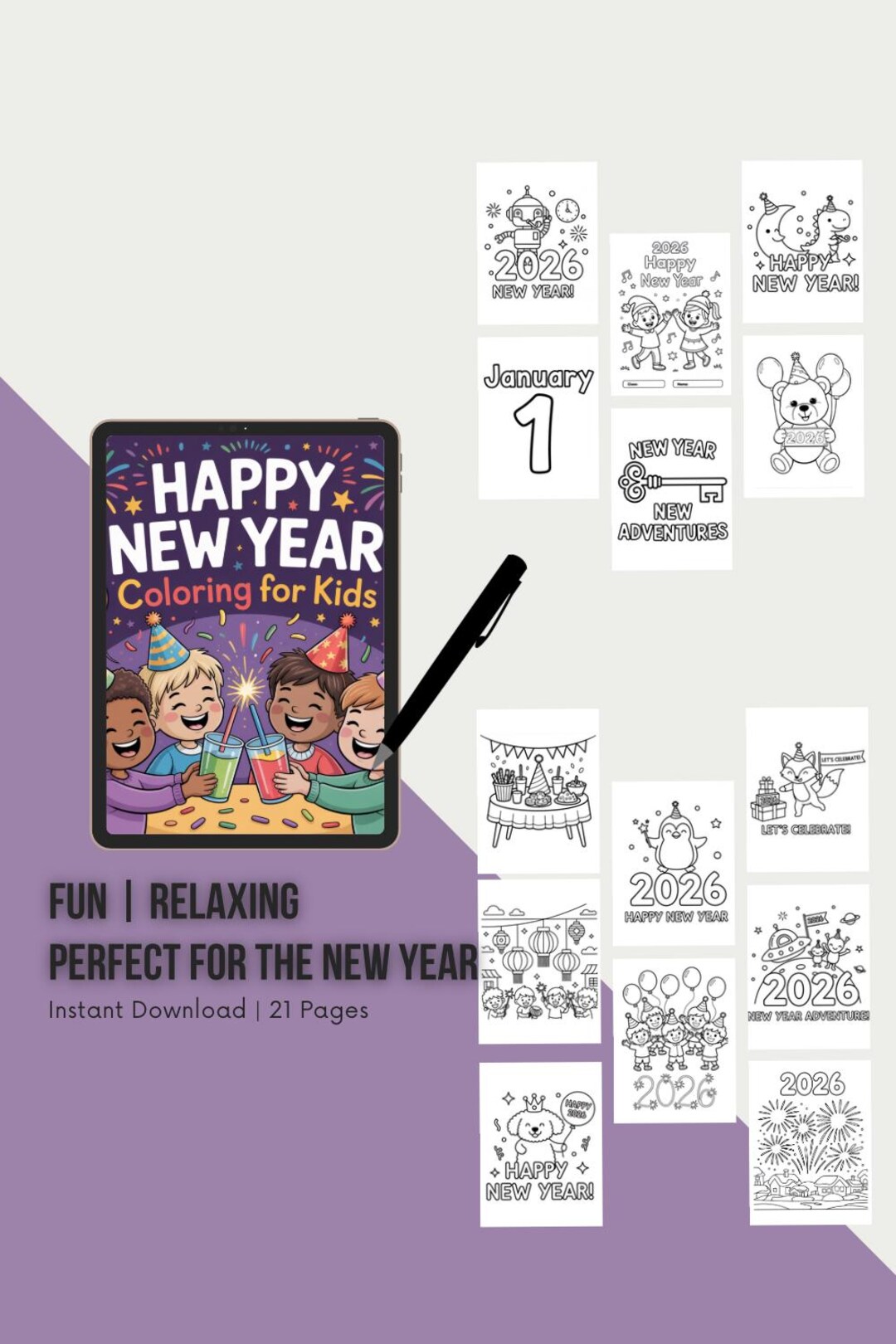 New Year Coloring Pages for Kids & Adults | 21-page Printable New Year ...