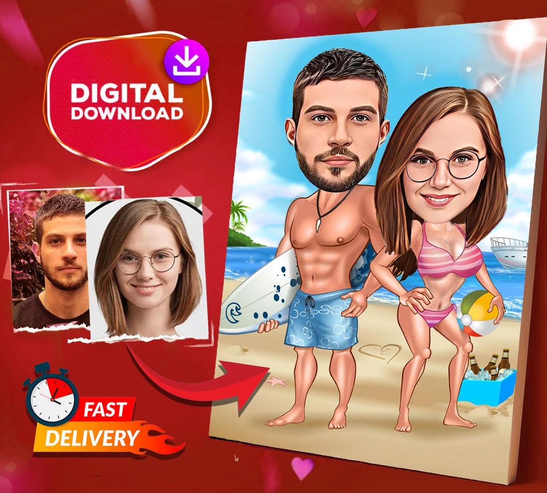 Personalized Couple Beach Cartoon Portrait, Bobbleheads Mr & Mrs ...