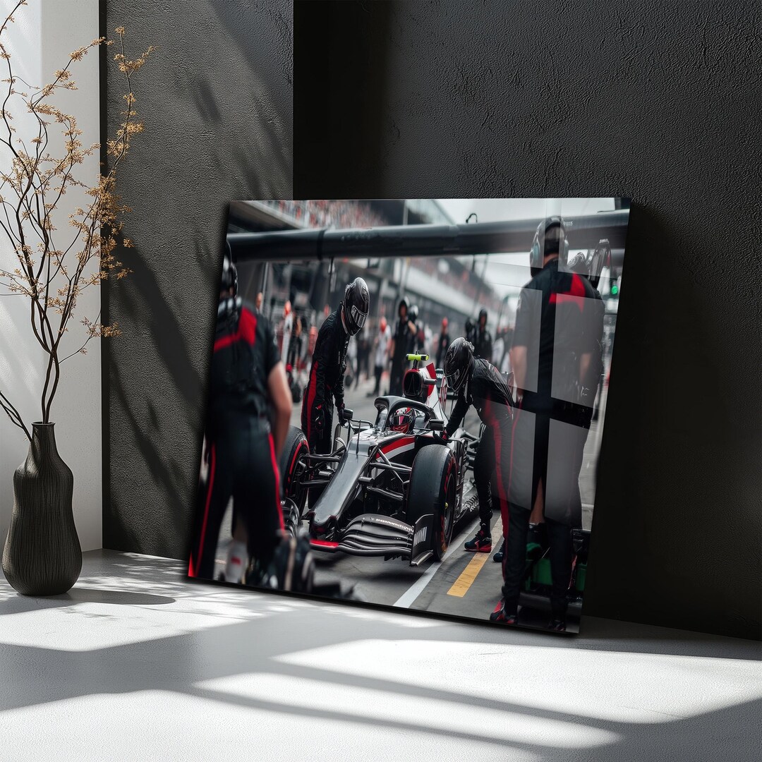 Formula 1 Wall Art: Red Racing Car Pit Stop Glass Print, Man Cave Decor ...