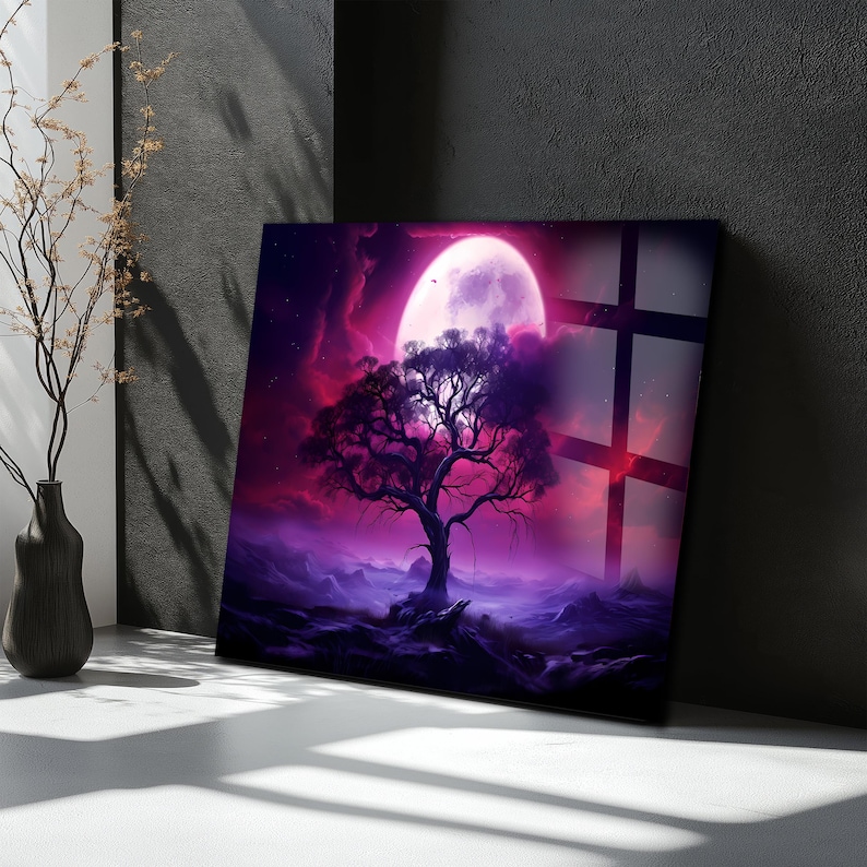 XL Artwork Mystical Moon Tree Glass Wall Art Fantasy Night Landscape ...