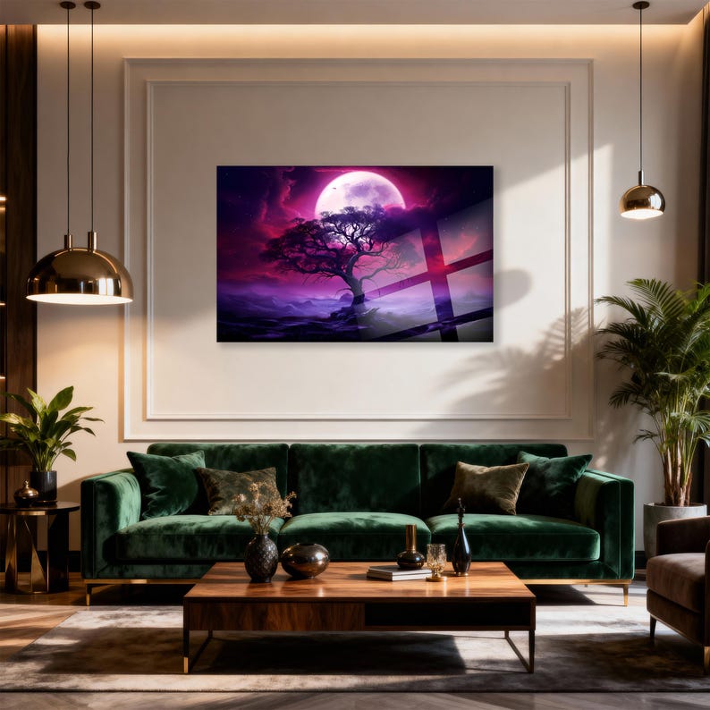 XL Artwork Mystical Moon Tree Glass Wall Art Fantasy Night Landscape ...