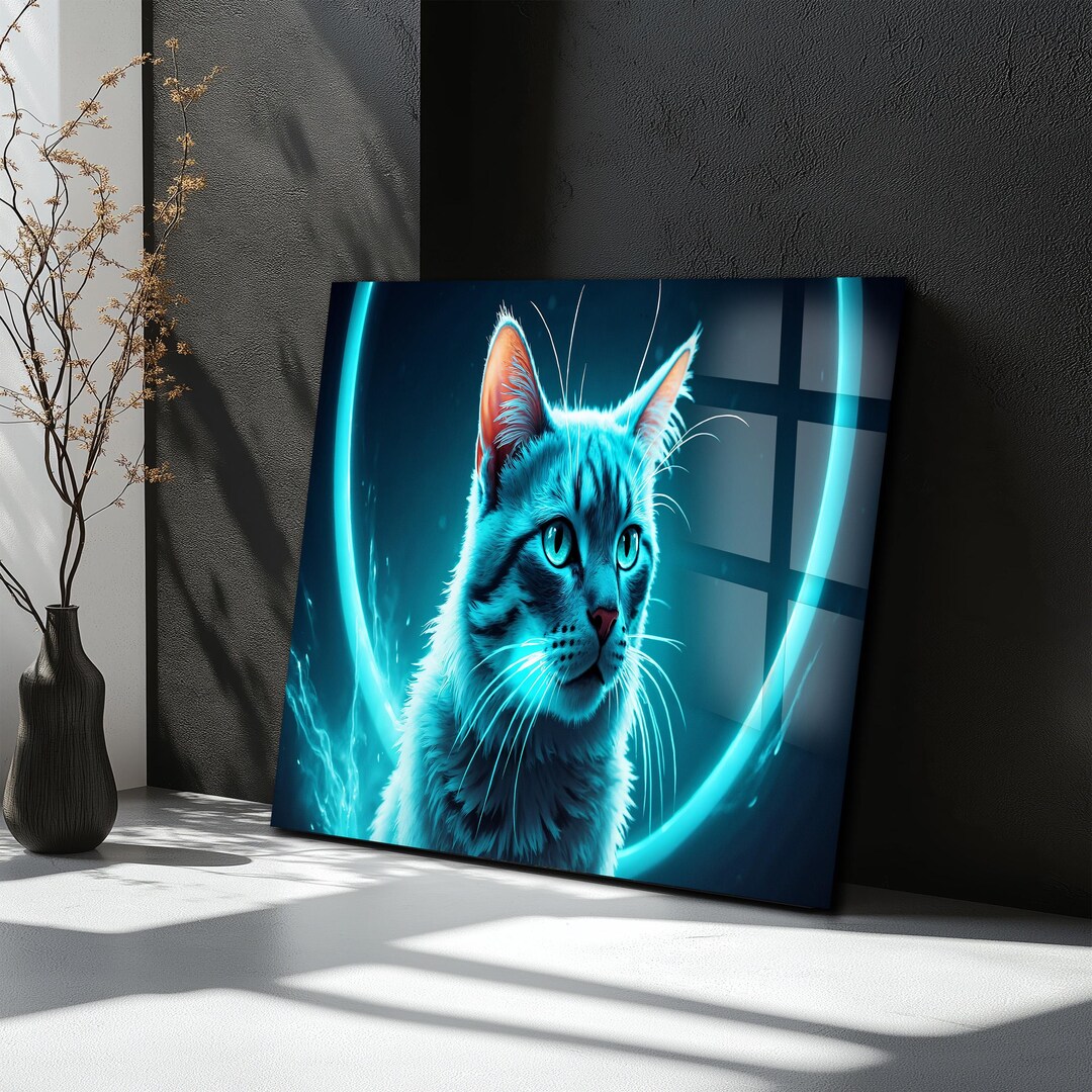 Neon Sphynx Cat Glass Wall Art, Cyberpunk Animal Print, Futuristic ...