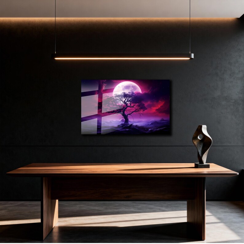 XL Artwork Mystical Moon Tree Glass Wall Art Fantasy Night Landscape ...
