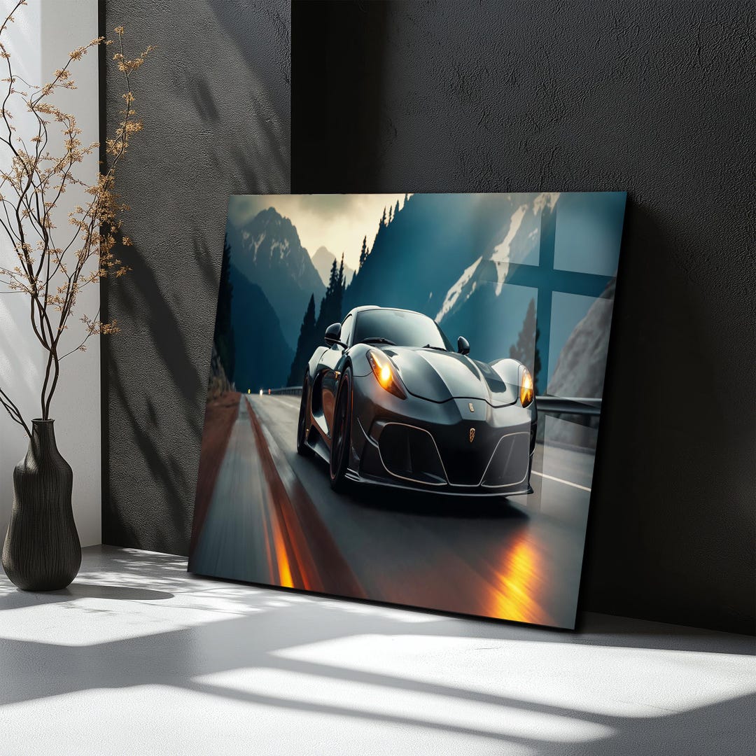 Supercar Glass Wall Art: Red Sports Car Decor, Automotive Office Print ...