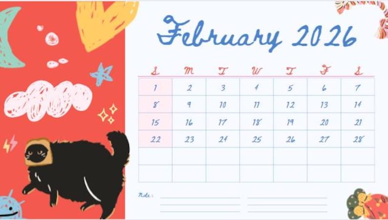 2026 Monthly Illustrated Cats Calendar Printable, Editable Monthly ...