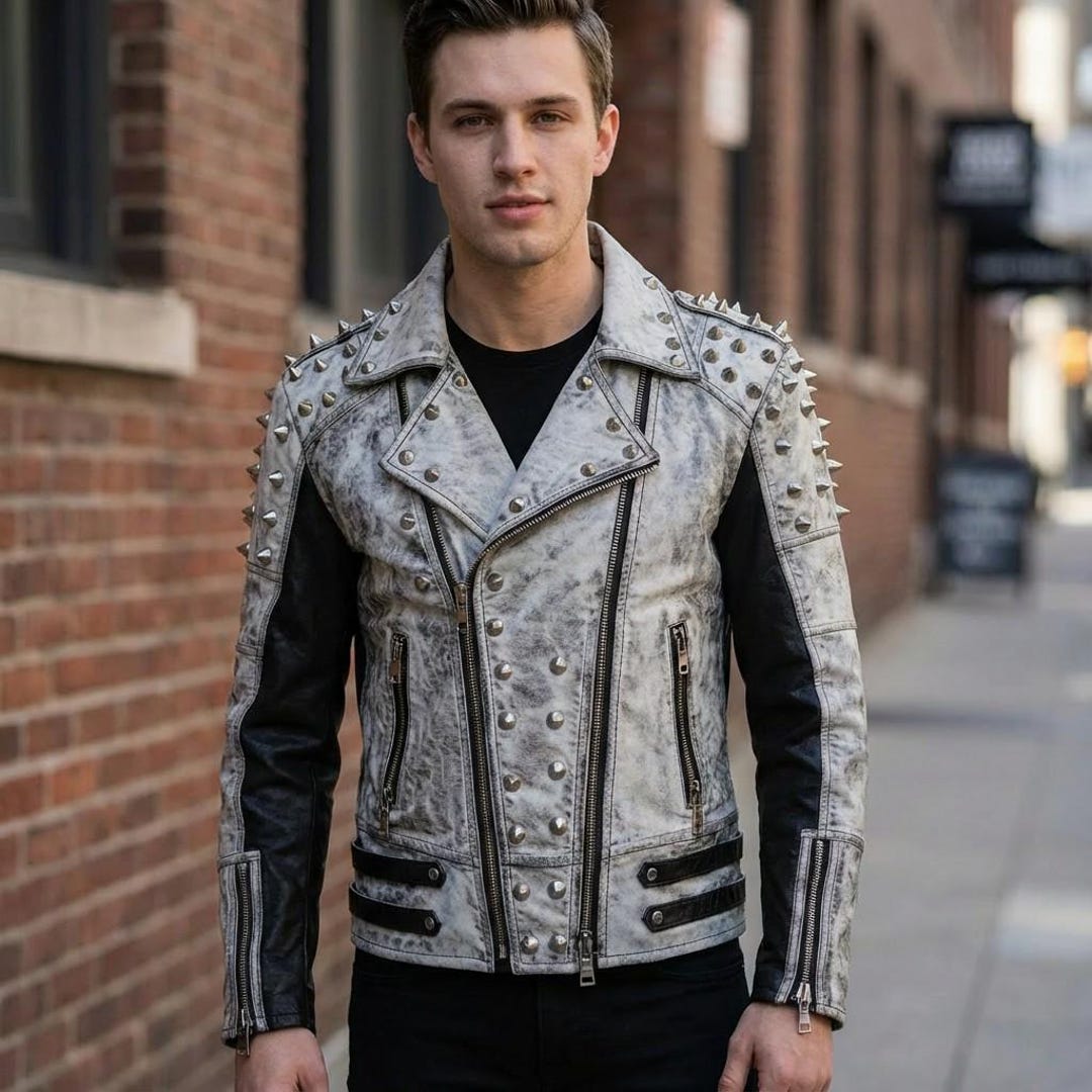Men’s Spiked Leather Jacket, Handmade Punk Biker Moto Coat – Custom ...