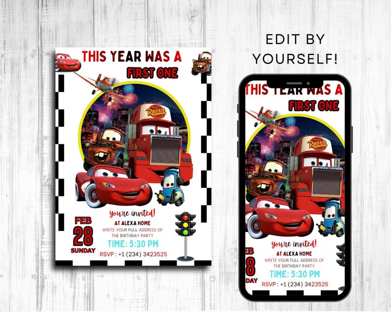 Editable Mcqueen Birthday Invitation, Editable & Printable Template ...