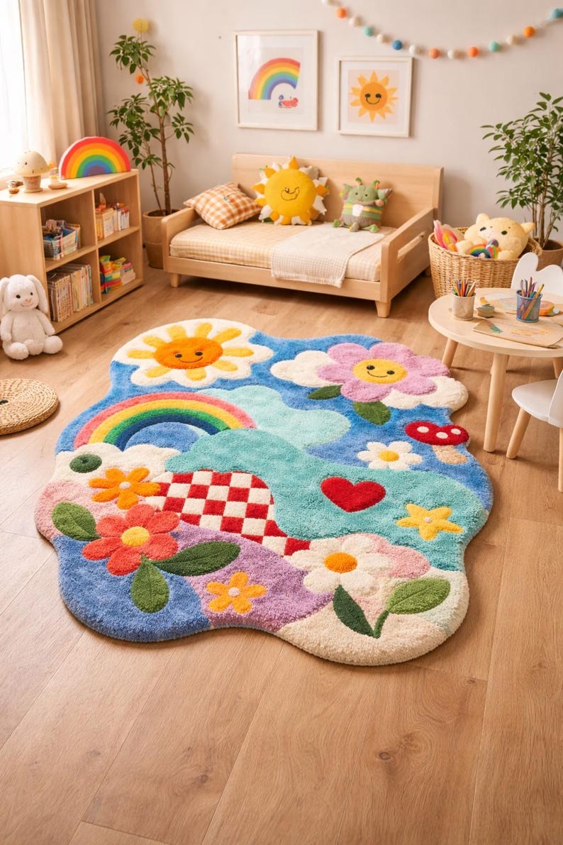 Colorful Kids Flower Rainbow Rug | Handmade Tufted Playroom Carpet ...