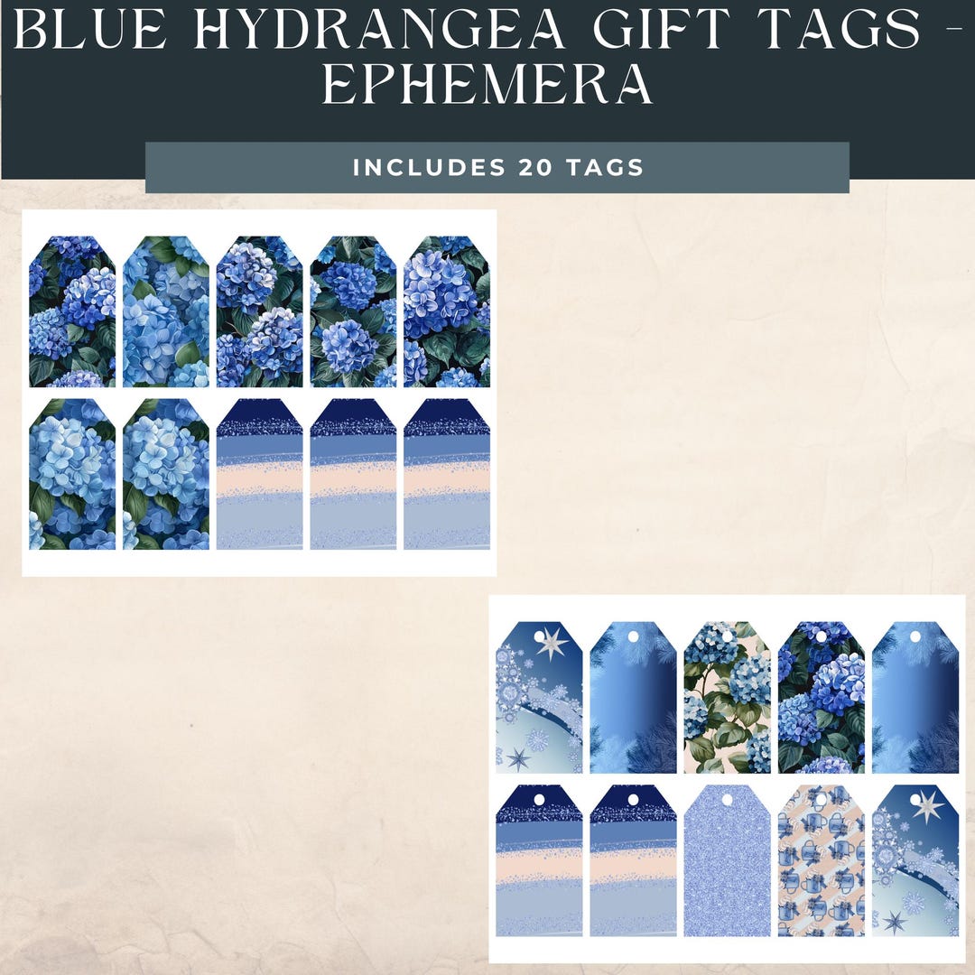Blue Hydrangea Gift Tags, Preppy Blue Design Ephemera Junk Journal ...