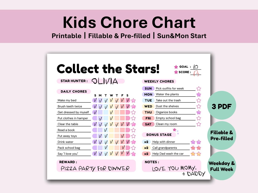 Editable Kids Chore Chart, Printable Responsibility Checklist, Reward ...