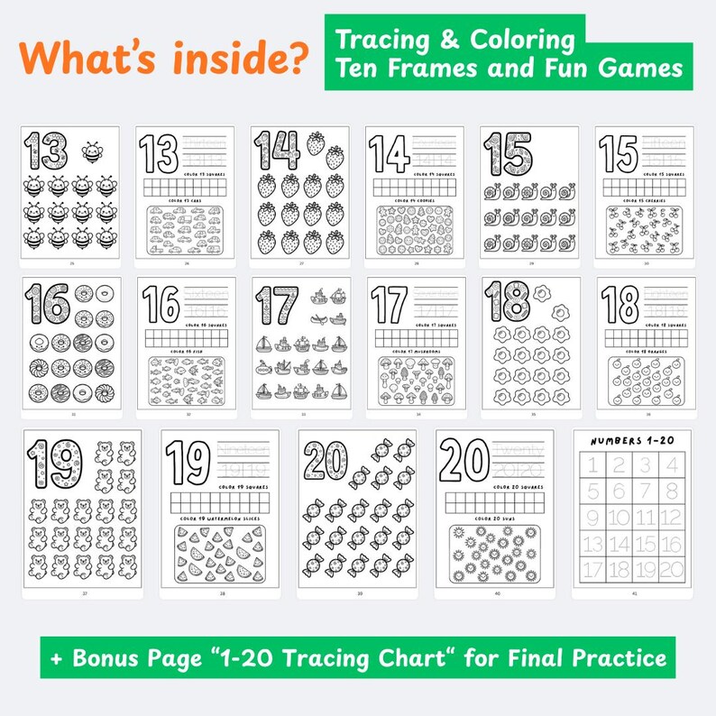 Number Tracing Workbook 1-20, Ten Frames Math Activities (printable PDF ...