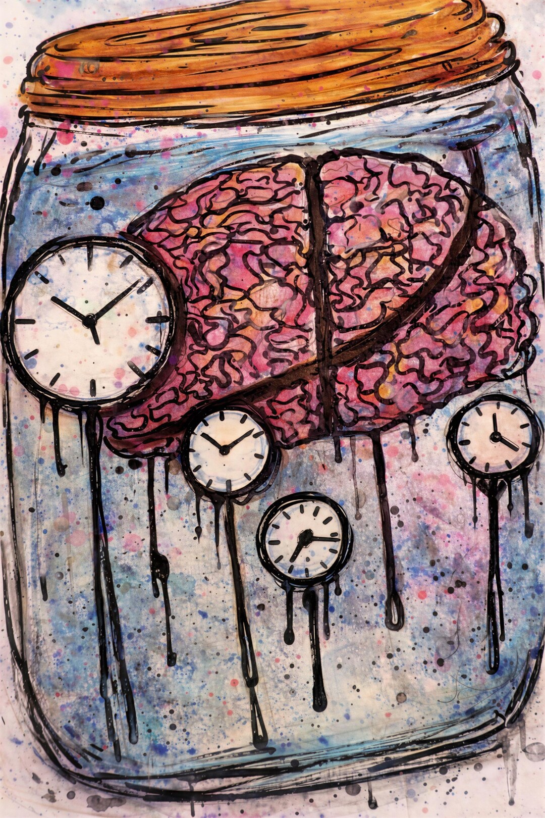 Surreal Brain in Jar Art Print – Melting Clocks Watercolor Illustration ...
