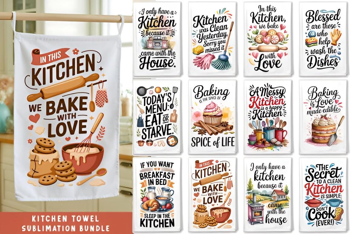 Funny Kitchen Towel PNG Bundle, Cooking & Baking Sublimation Designs ...