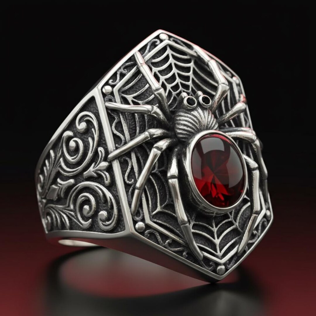 Gothic Spider Sterling Silver Signet Ring | Red Cabochon Statement ...